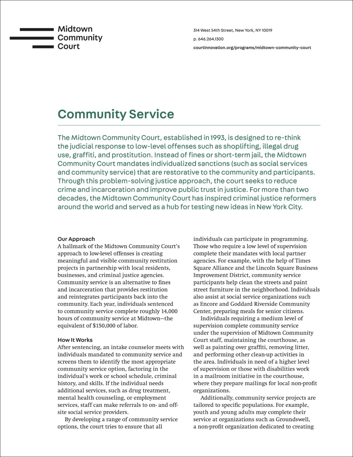 Fact Sheet: Community Service at the Midtown Community Court - Center ...