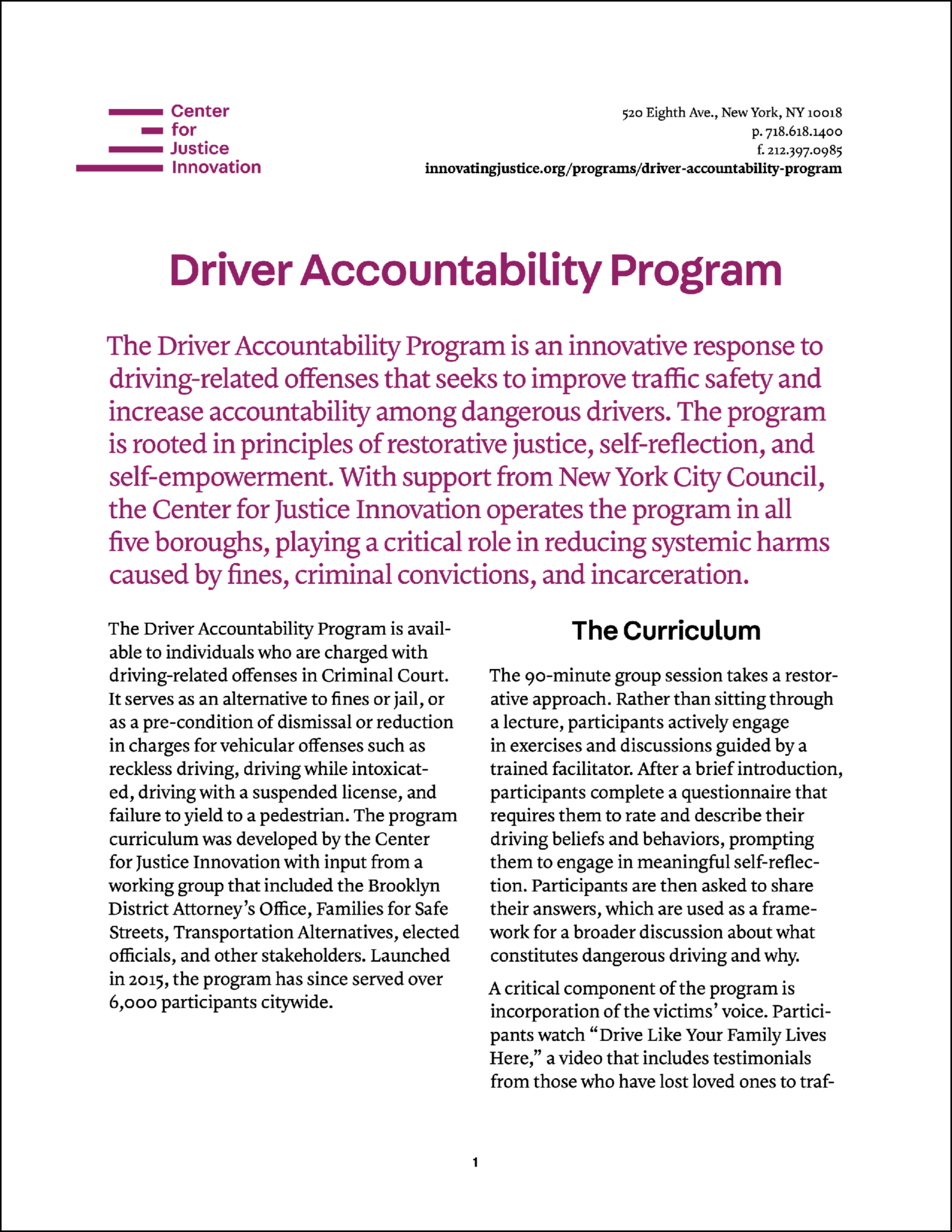 Fact Sheet: Driver Accountability Program - Center for Justice Innovation