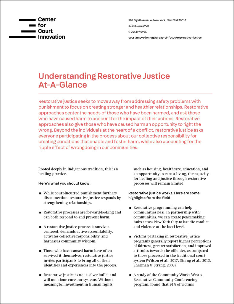 Fact Sheet: Understanding Restorative Justice At-A-Glance - Center for Justice Innovation