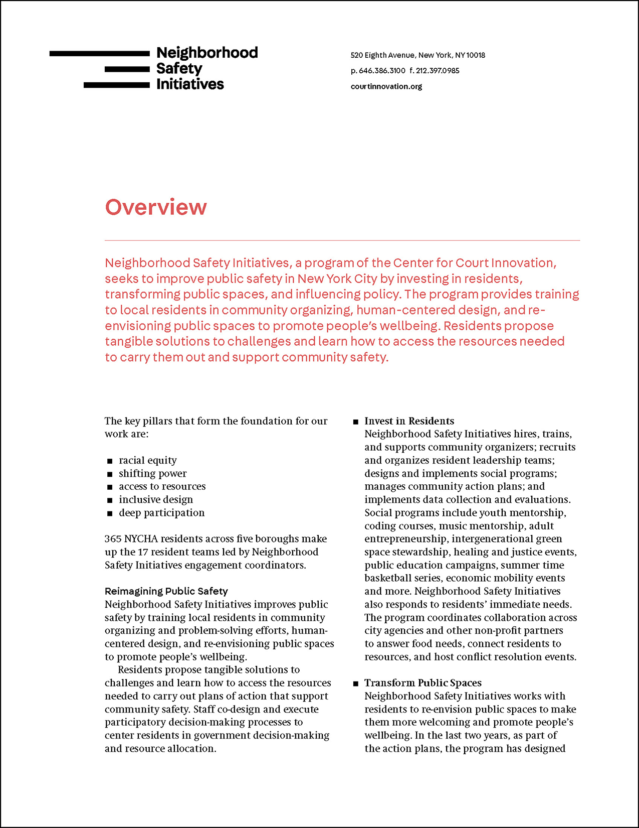 Fact Sheet: Neighborhood Safety Intiatives - Center for Justice Innovation