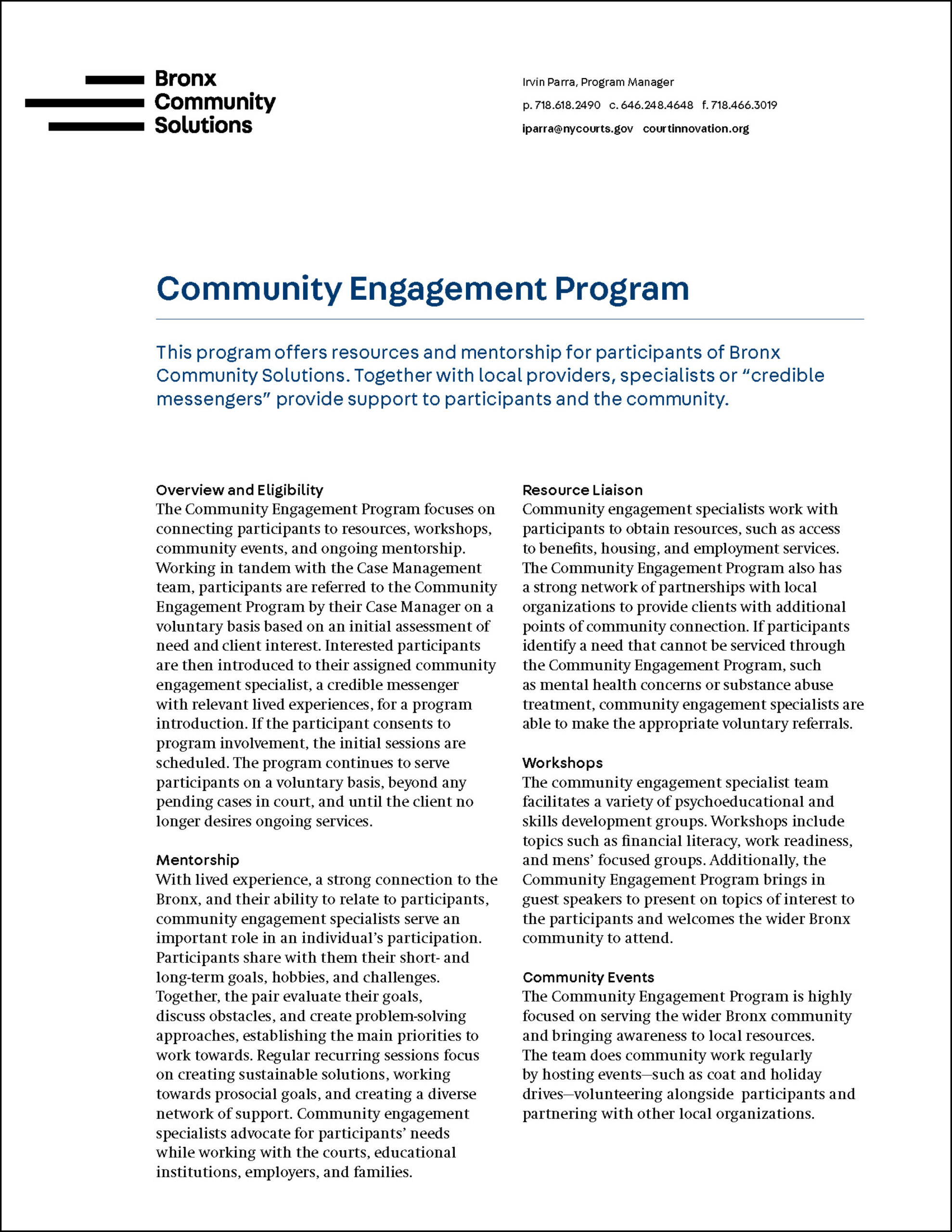 Fact Sheet: Community Engagement Program at Bronx Community Solutions ...